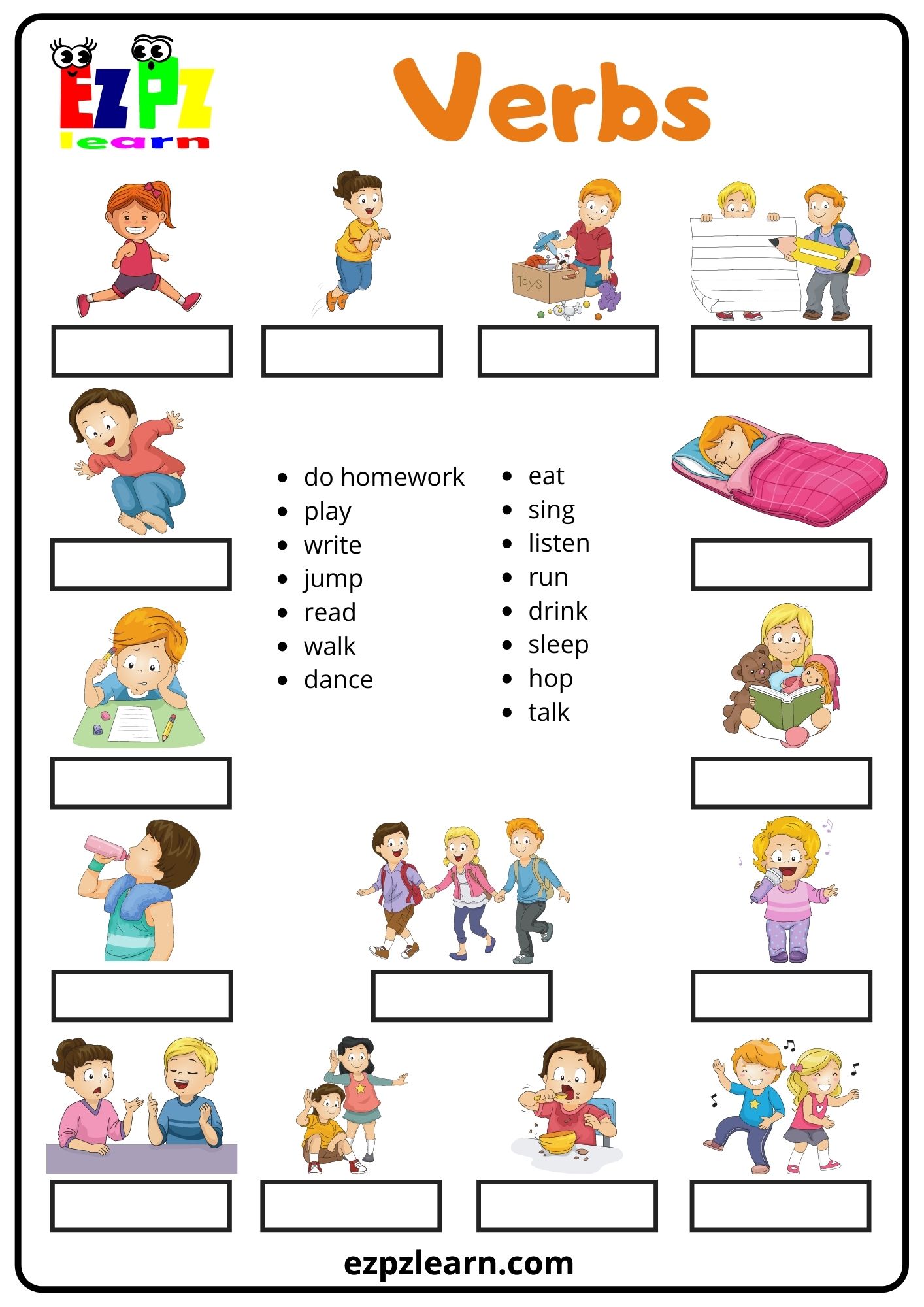 Action Verbs Word Match Free PDF Download Ezpzlearn
